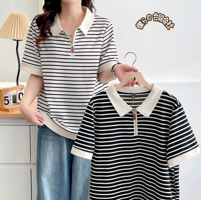 2025年INS夏新作 レディース服 Tシャツ 半袖 POLO ボーダー ファスナー カジュアル XL#-4XL# | 卸売・ 問屋・仕入れの専門サイト【NETSEA】