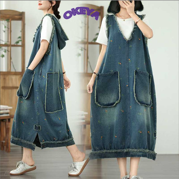 レディース服 ワンピース デニム ノースリーブ カジュアル フード付き vネック 韓国風 M#-2XL# | 卸売・ 問屋・仕入れの専門サイト【NETSEA】